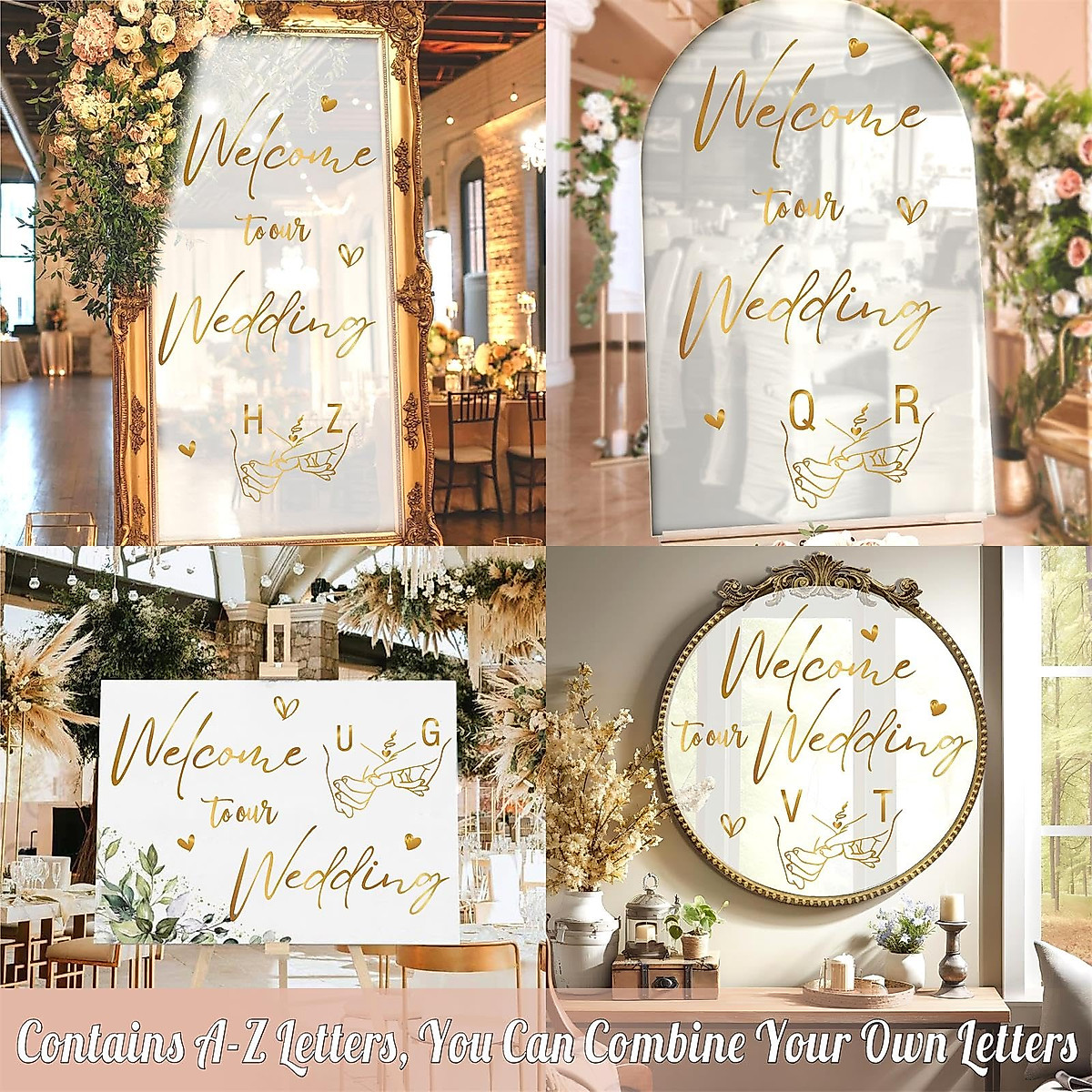Wedding Welcome Signs Welcome to Our Wedding Signs Mirror Decals for Wedding Party Entry DIY A to Z Letter Stickers for Just Married Welcome Sign Decoration Mr and Mrs Decals for Photo Backdrop(Gold