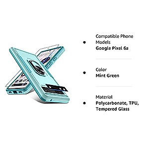 Google Pixel 6a 5G Case with Screen Protector + Camera Lens Protector,Heavy Duty Shockproof Full Body Protective Phone Cover,Built in Rotatable Magnetic Ring Holder Kickstand,2022 Mint Green