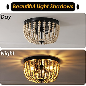 3-Light Boho Wood Bead Chandelier Ceiling Flush Mount Light Fixture,Solid Oak Natural Wood Color Chandelier for Hallway Small Room Baby's Nursery Bedroom Laundry Room Cloakroom