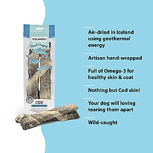 Icelandic+ Cod Skin 10" Long Hand Wrapped Dog Chew Stick, 2-Pack, 3.2-oz Bag