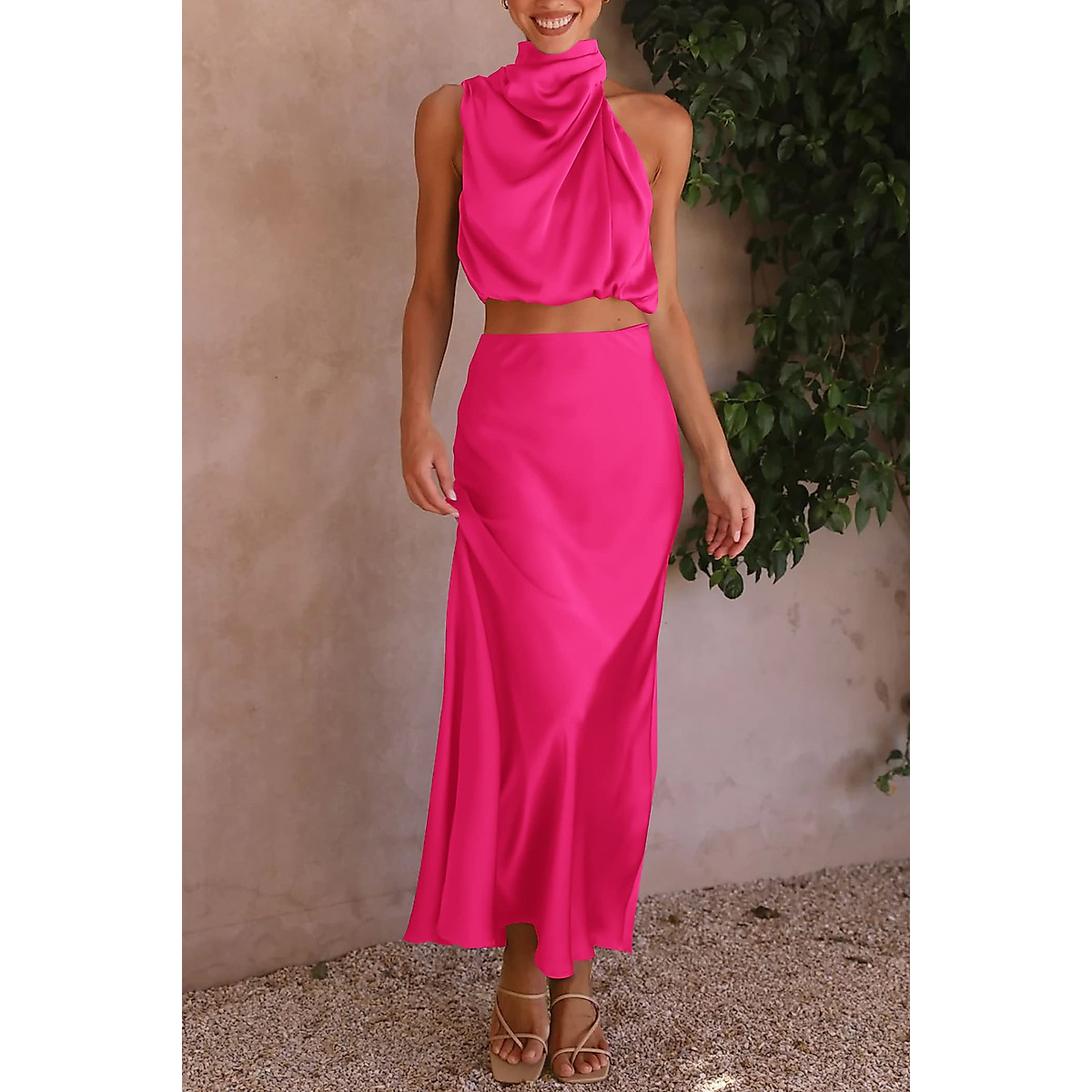 PRETTYGARDEN Women's 2 Piece Satin Outfits Summer Sleeveless Mock Neck Crop Tops and Long Skirt Dress Sets (Rose Red,Small)