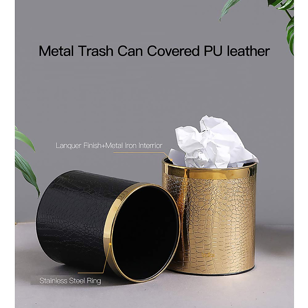 Huaqinglian Small office trash can garbage can Metal Open top wastebasket bin with removable gold ring which for hold garbage bag for Bathroom,Living room,bedroom Using (Black Crocodile Pattern)