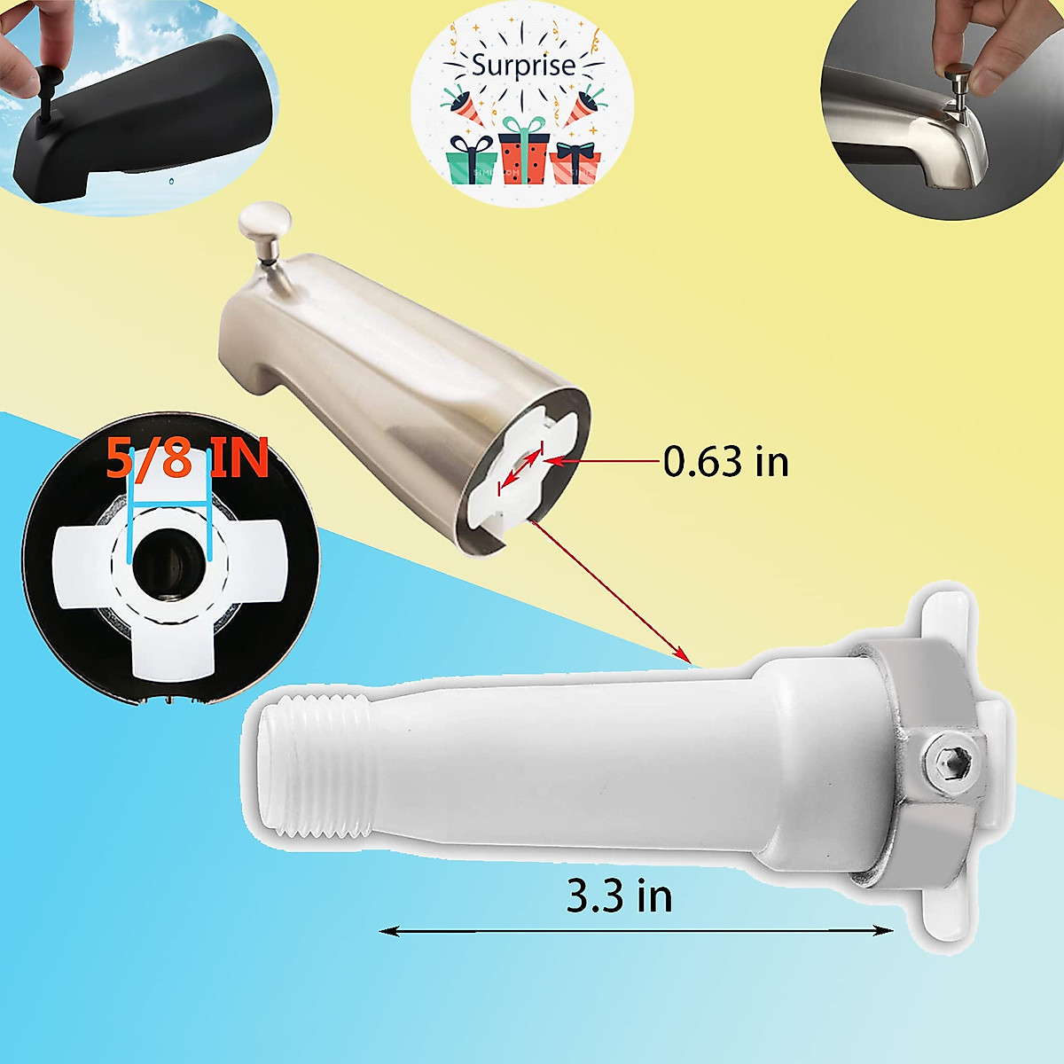 Slip Fit Tub Spout with Pull-Up Diverter for 1/2 inch Copper Tube,5.4 INCHES in Length,Easy to Install,Chrome (Not Applicable to Threaded Pipes) Thickened and Elongated Design 300 Grams