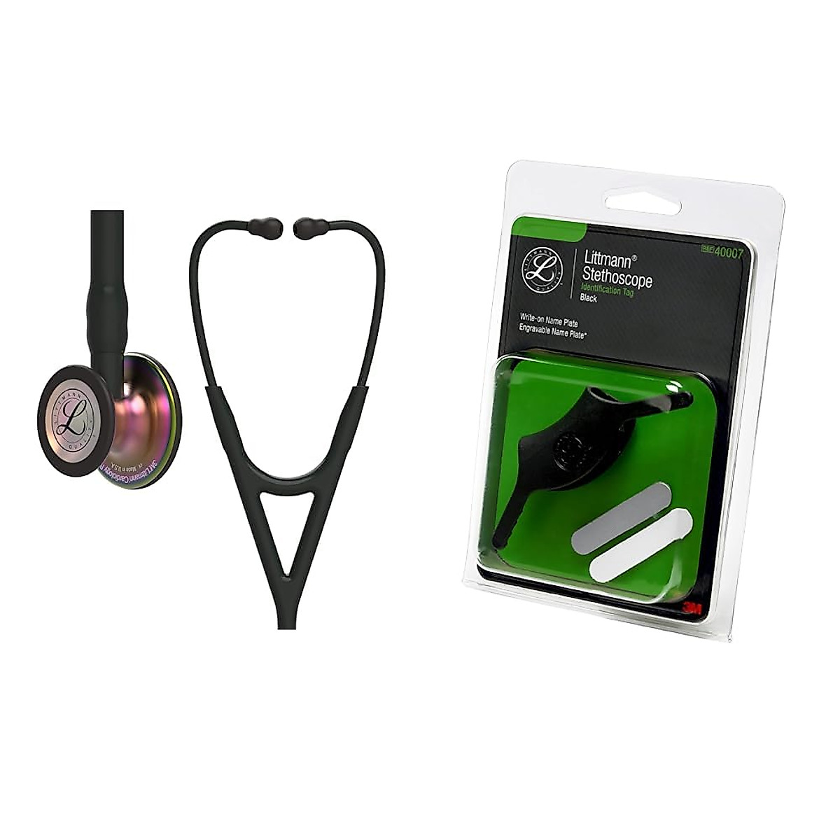 3M Littmann Cardiology IV Diagnostic Stethoscope, Rainbow-Finish Chestpiece, Black Tube, Stem and Headset, 27 inch, 6165 + 40007 Stethoscope Identification Tag, Black