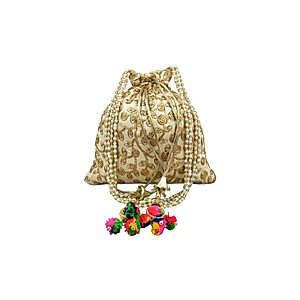 GoldGiftIdeas Ethnic Kuchhi Flower Embellished Potli Bags with Pearl Handle, Potli Bags for Return Gift, Bridal Potli Bags for Wedding,Shagun Potlies, Traditional Party Favor Bags (Set of 3)