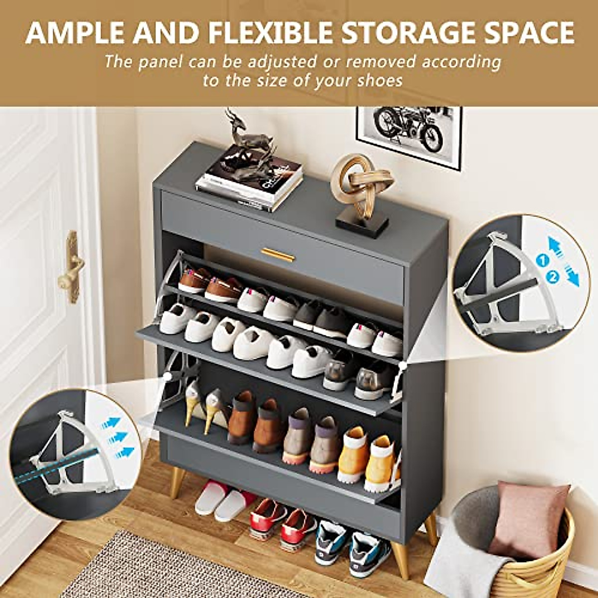 Tribesigns Shoe Cabinet, Modern Shoe Storage Cabinet with 2 Flip Doors and Drawer, Grey Narrow Shoe Organizer Rack for Entryway, Closet (Gray)