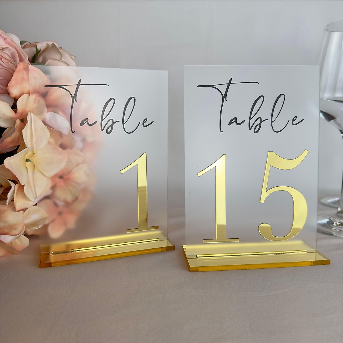 Table Numbers-Mirrored Gold Table Numbers & Base-Frosted Acrylic Table Numbers -Wedding Decorations for Reception-Minimalistic font table number stands 7x5-wedding table numbers for wedding reception