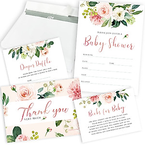 Set of 25 Pink Boho Baby Shower Invitations for Girl - Floral Girl Baby Shower Invitations with Envelopes, Book Request Cards & Diaper Raffle Tickets - Baby Shower Thank You Cards Included