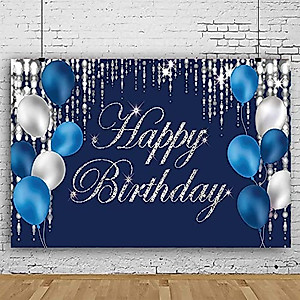 Happy Birthday Backdrop Navy Blue and Silver Happy Birthday Sign Blue Happy Birthday Banner Photo Studio Backdrop Birthday Party Supplies Photography Background for Favor Children Men Women 5x3ft