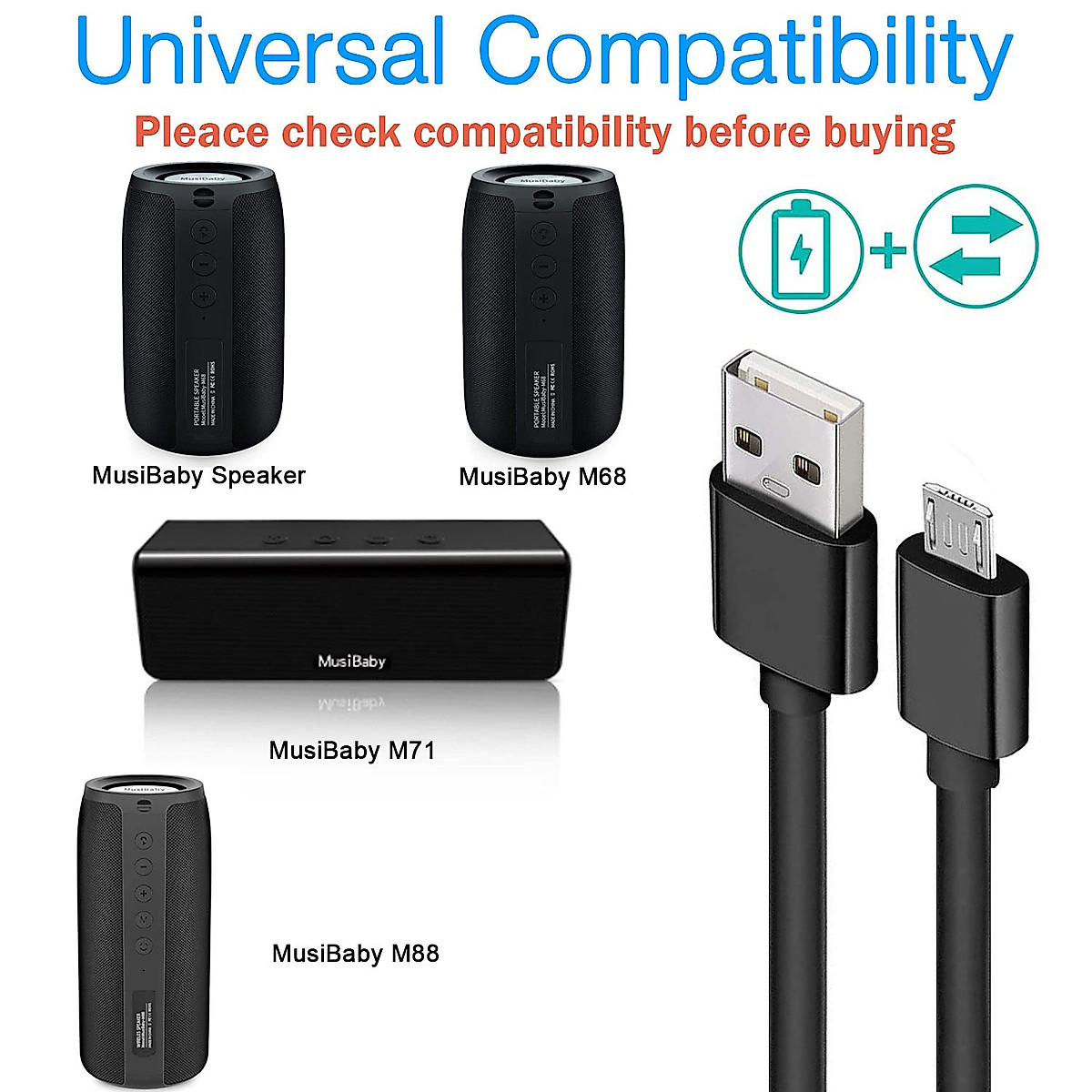 Rahhaze Replacement Charger Charging Cord Cable for MusiBaby Speaker, MusiBaby M68, M71, M88 Charger Power Cable Cord (5FT)