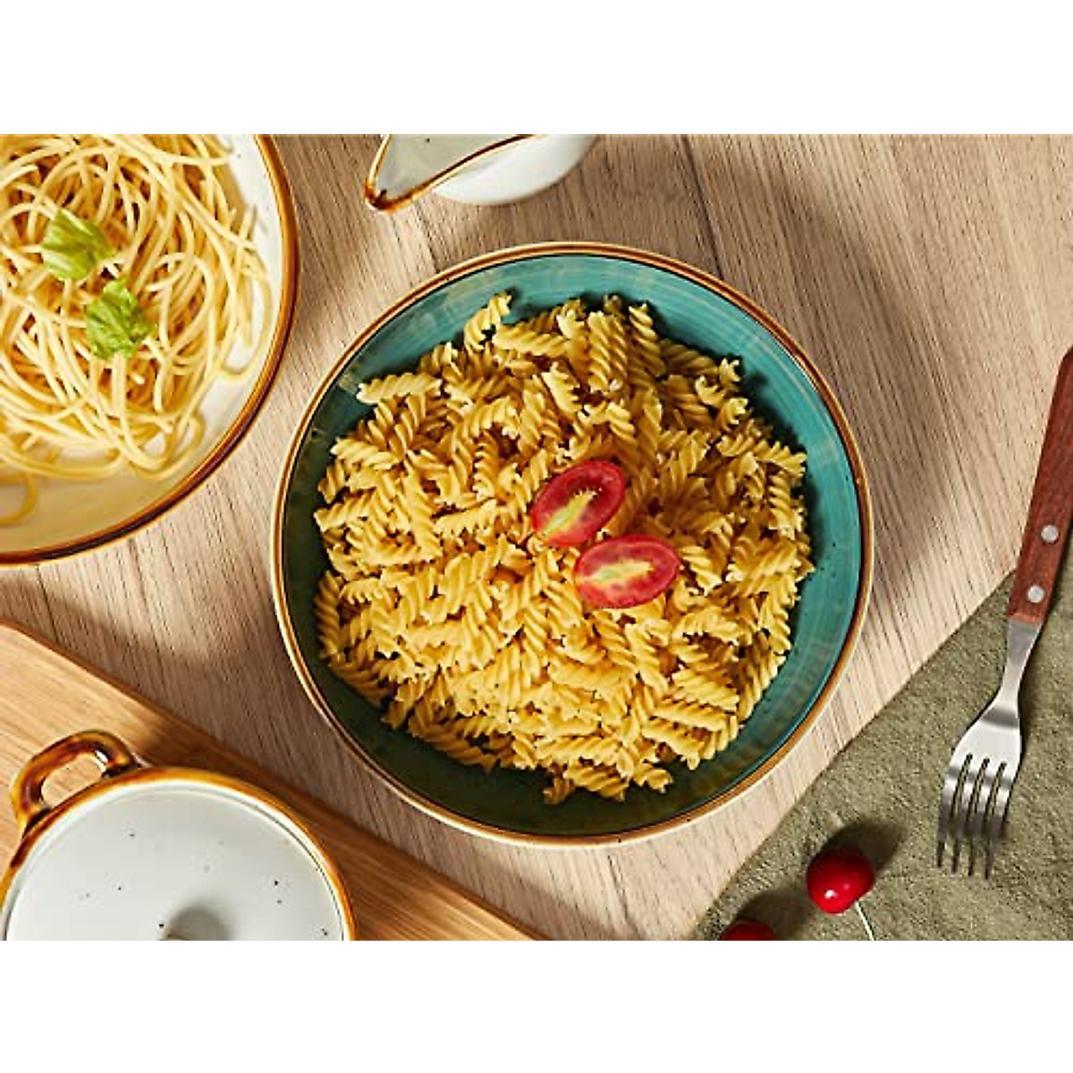 ONEMORE Porcelain Salad Pasta Bowls 30 Ounce, Set of 6 Ceramic Salad Dinner plates Bowls, Shallow & Wide Serving Bowls for Soup, Dessert, Pizza. Microwave & Dishwasher Safe Kitchen Dinnerware, Teal