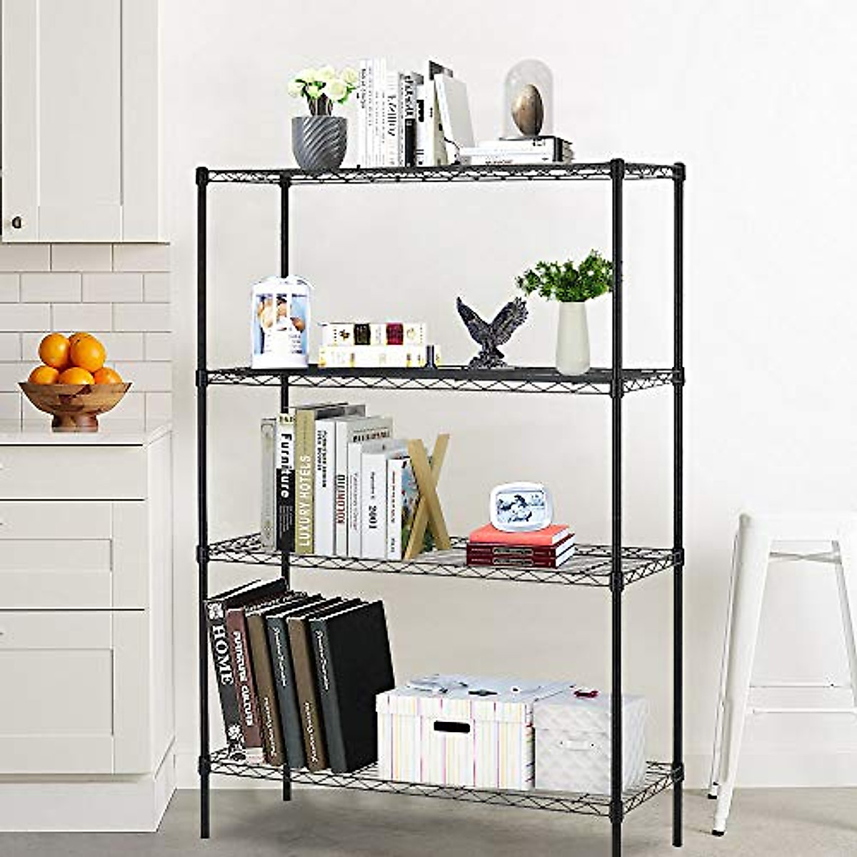 Metal Shelves for Kitchen Storage 4 Tier Shelf Wire Shelving Unit Black Wire Shelf Organizer Multifunctional Adjustable Durable Space Saving Wire Rack Storage Shelves for Home and Commercial Storage