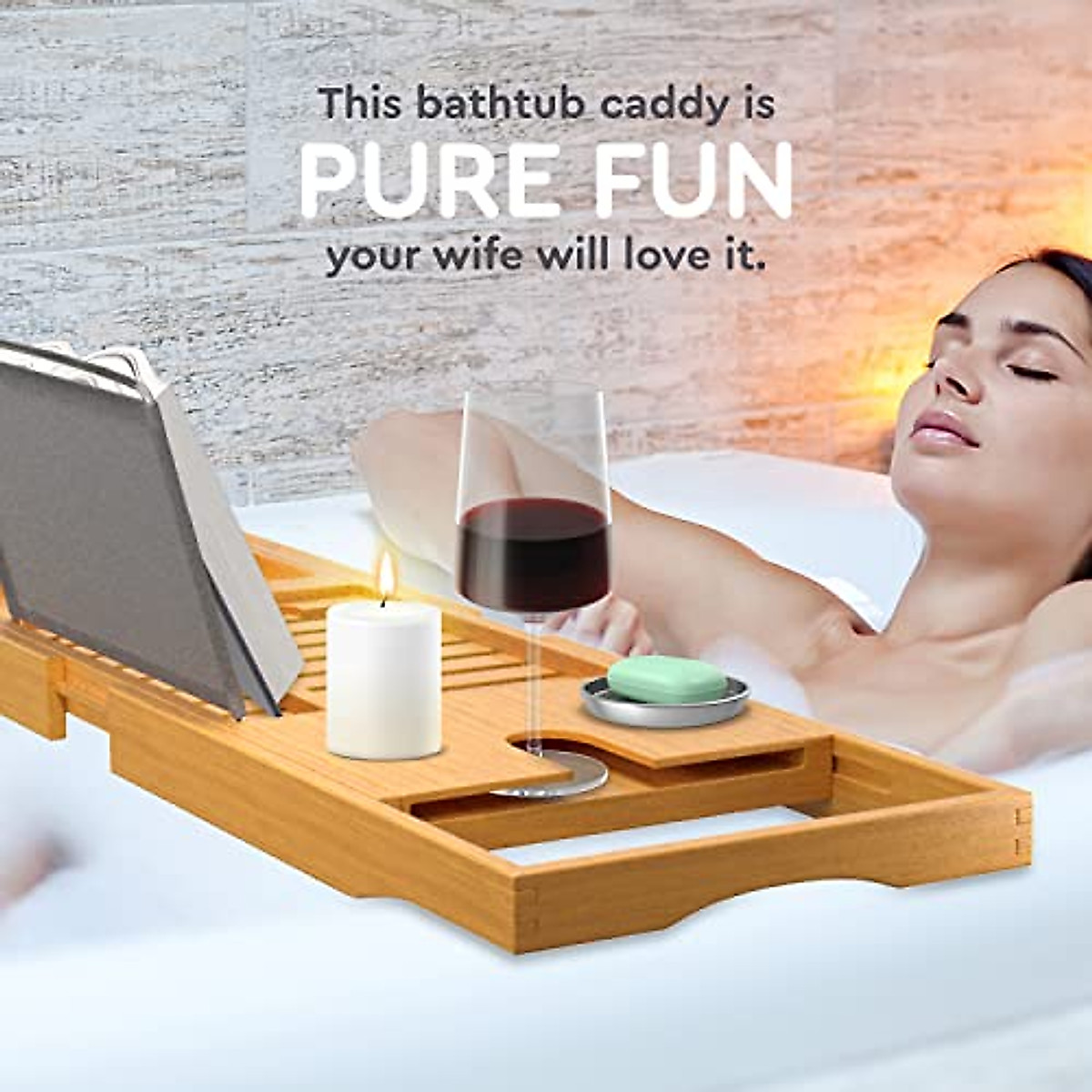 Bambüsi Premium Bathtub Tray Caddy - Bamboo Expandable Bath Tray - Unique House Warming Gifts, New Home, Anniversary & Wedding Gifts for Couple, Bridal Shower Gift for Women