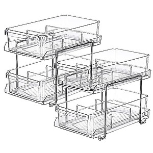 TW SHINE 2 Tier Storage Organizer with Dividers, Clear Under Sink Organizers and Pull Out Cabinet Organizer for Bathroom Kitchen Pantry Storage, Medicine Cabinet Organizer, 2 Pack
