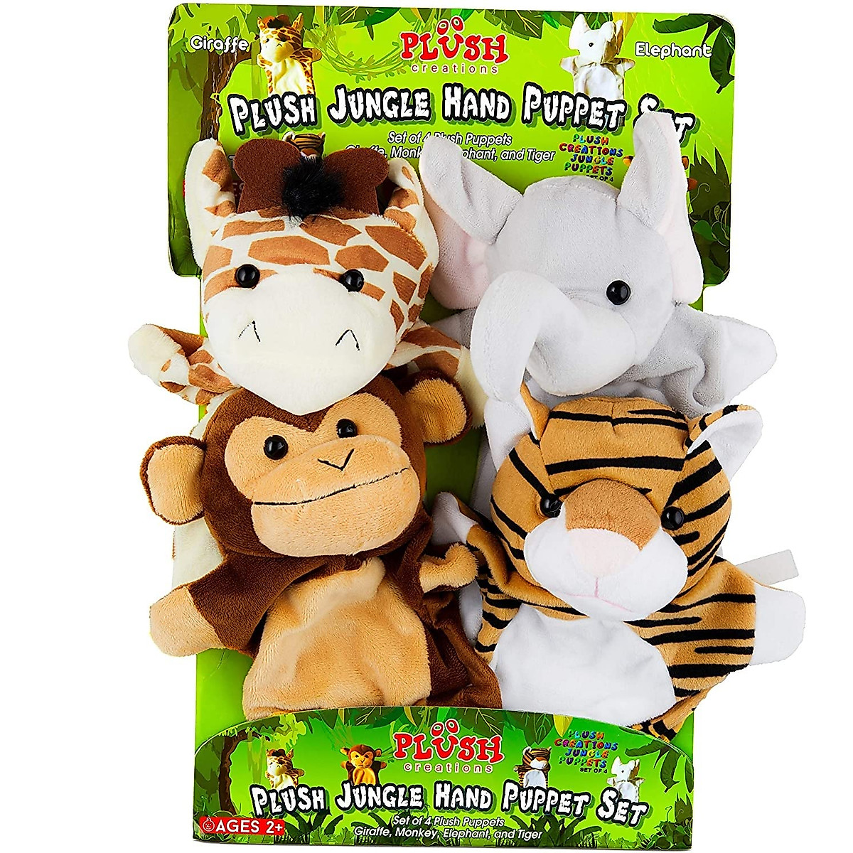 Hand Puppets for Kids, Set of 4 Plush Safari Animals Hand Puppet Toys for Boys and Girls, A Giraffe, Elephant, Tiger, Monkey, Perfect for Storytelling, Teaching, Preschool, Role-Play