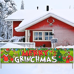 Grinch Christmas Decorations - Grinch Welcome Yard Sign Grinch Christmas Hanging Banners for Indoor Outside Front Door Living Room Kitchen Wall Party