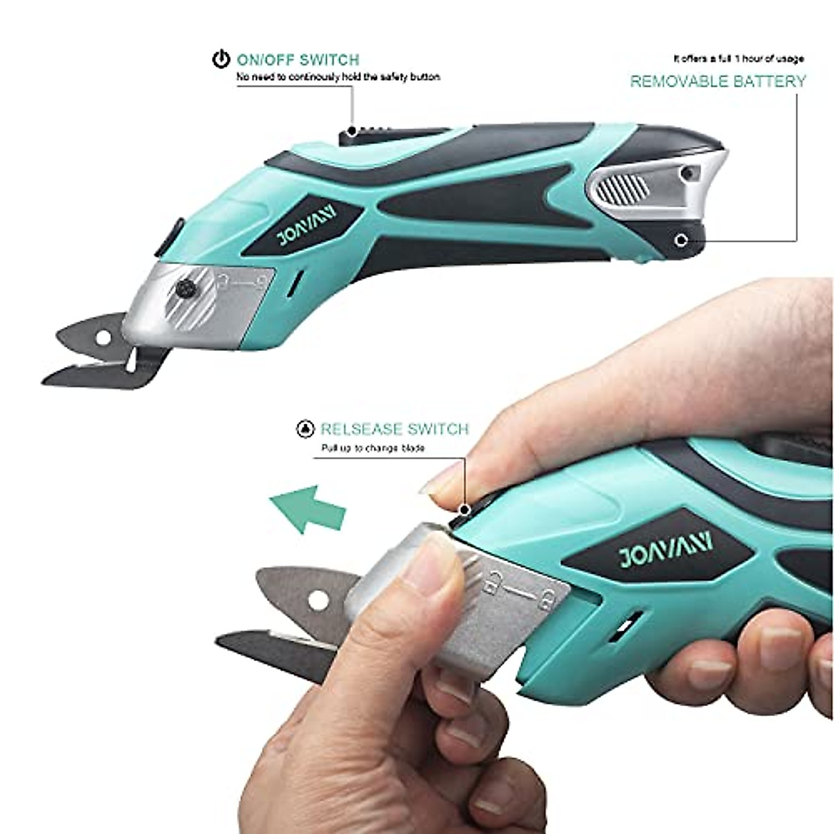 JOAVANI Cordless Electric Scissors for Cutting Fabric, Box, Cardboard Cutter, Carpet. Power Shears for Sewing, Scrapbooking, Crafting (2pc Battery, 2pc Blade - Lower Noise)