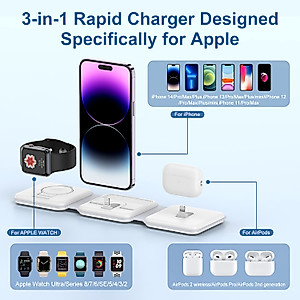 3 in 1 Charging Station for Apple Foldable, iWatch Travel Charger Stand for Multiple Devices, Folding Portable Fast Charge Dock for iPhone 14 Pro Max/13/12/11, Apple Watch 8/7/6/Ultra/SE/5, AirPods