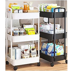 3-Tier Plastic Rolling Utility Cart Storage Cart Organizer with Wheels Small Laundry Room Cart for Dorm Organization Bathroom Kitchen Office (White)