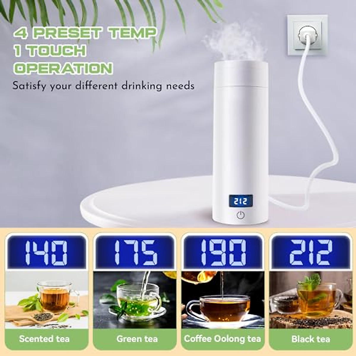 TYEMUI Travel Electric Kettle - Portable Travel Kettle Water Boiler, 380ml Small Electric Travel Tea Kettle, Stainless Steel Hot Water Kettle with 4 Temperature Control, Auto Shut-Off