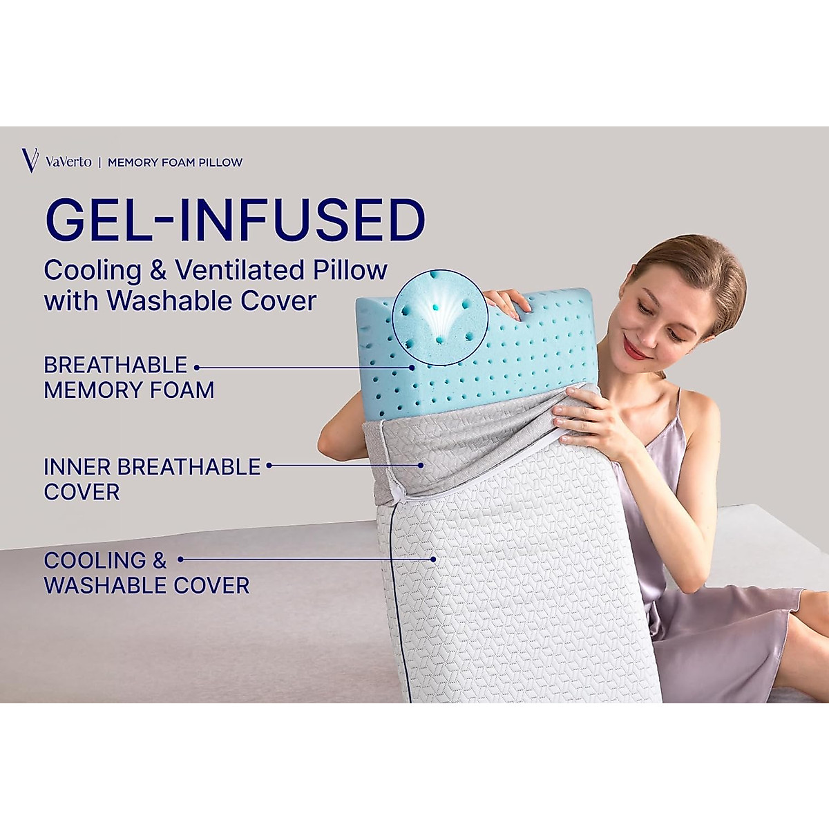 Vaverto Gel Memory Foam Pillow - Queen Size - Ventilated, Premium Bed Pillow with Washable and Bamboo Pillow Cover, Cooling, Orthopedic Sleeping, Side and Back Sleepers - College Dorm Room Essentials