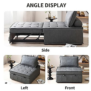 NIOIIKIT Convertible Pull Out Sleeper Sofa Bed, Modern PU Leather 2-in-1 Single Lazy Sofa, Ottoman with Backrest and Pillow for Living Room, Bedroom, Office, Lounge (Dark Grey PU)