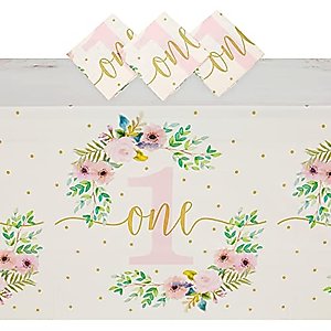 BLUE PANDA 3-Pack Floral Plastic Tablecloth Set, Baby Girl's 1st Birthday Party Supplies, Decorations for Birthdays, Anniversaries, Celebrations (Flower Design, 54x108 in)