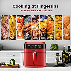 KOOC Air Fryer, 6.5 Quart 10 in 1 Electric Air Fryer Oven (Free Cheat Sheet for Quick Reference), LED Touch Digital Screen, Easy Customized Temp/Time, Nonstick Basket, 1700W, Red