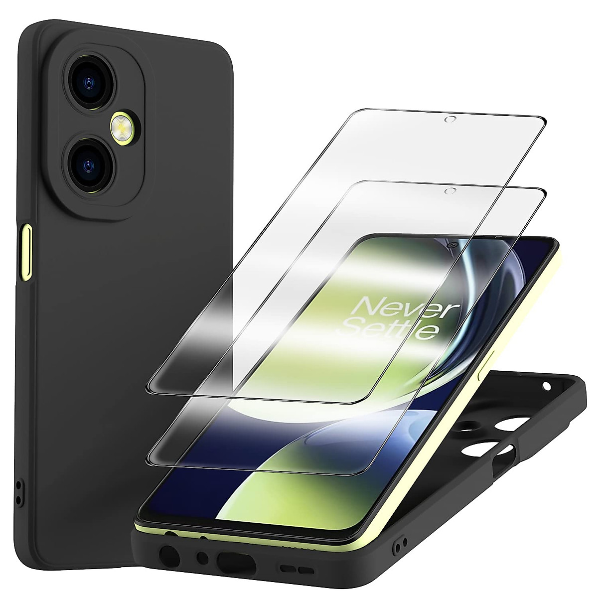 RYKQ for OnePlus Nord N30 5G / OnePlus Nord CE 3 Lite 5G Case and 2 Pack Tempered Glass Screen Protector, Slim Silicone Shockproof Protective Case Cover - Black