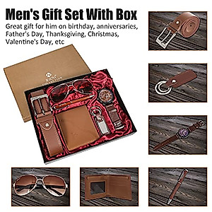 6pcs Men's Gift Set with Box Brown Leather Belt Wallet Watch Glasses Keychain Ballpoint Pen Gifts for Men
