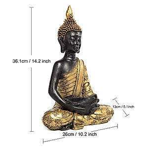 JIZHENG Buddha Statue Decor Figurine Thai Sitting Buddha Sculpture 14 inch Decoration Meditating Zen Buddha Antique Golden Look for Room/Garden/Yard/Indoor/Outdoor, Black/Copper, Large