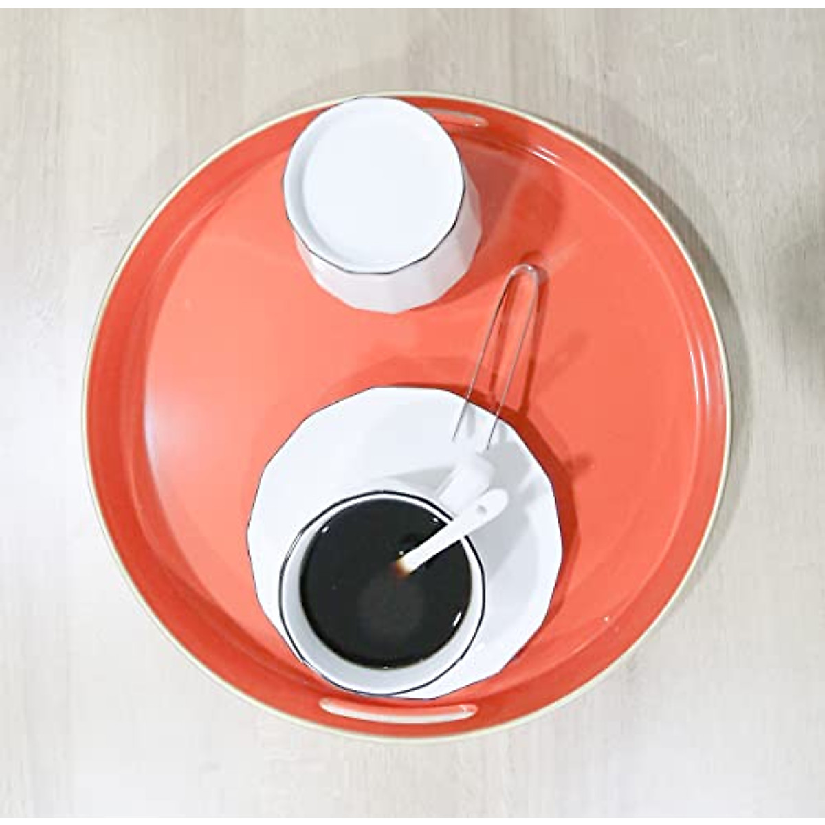 Decorative Tray, Marbling Plastic Tray with Handles, Rectangular Vanity Tray and Serving Tray for Bathroom, Kitchen, Ottoman and Coffee Table (Round Set, Orange)