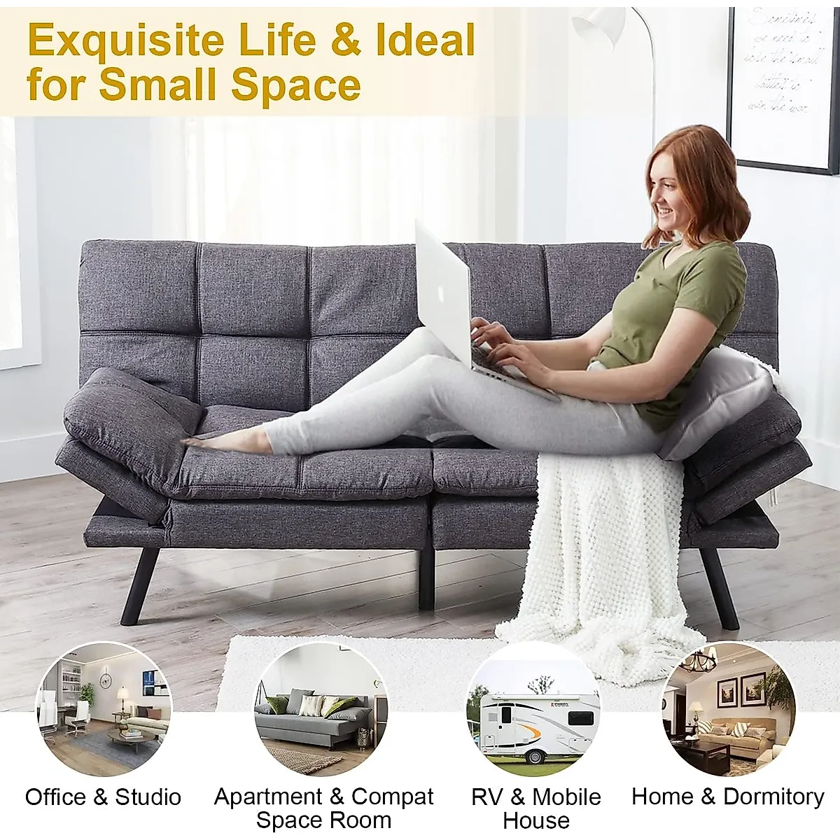 MUUEGM Futon Sofa Bed,Memory Foam Futon Couch Bed Modern Futon Convertible Sleeper Sofa, Faux Leather Love Seat with Adjustable Armrests & Backrests for Small Space Living Room Apartment Offices,Grey