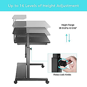 EUREKA ERGONOMIC Mobile Height Adjustable Standing Desk,41 Inch Rolling Stand Up Computer Workstation with Monitor Shelf, Portable Home Office Desk with Wheels,CPU Stand & Detachable Hutch, Black