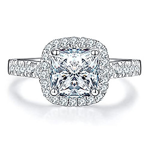 18K White Gold Plated 2CT Zircon Diamond Ring for Women Sterling Silver Jewelry Halo Cushion Ring