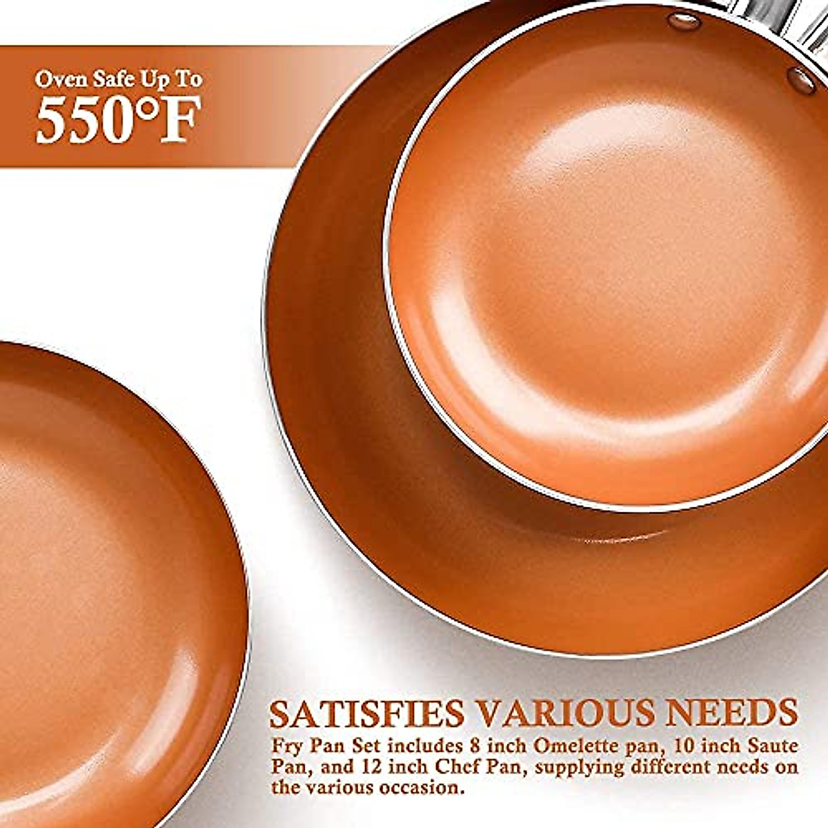 SHINEURI 6 Pieces Nonstick Copper Pans with Lid Copper Frying Pans Copper Nonstick Frying Pans Copper Pans with Lid Copper Skillets with Lid Ceramic Fry Pan Copper Pans for Cooking - 8/9.5/11 inch