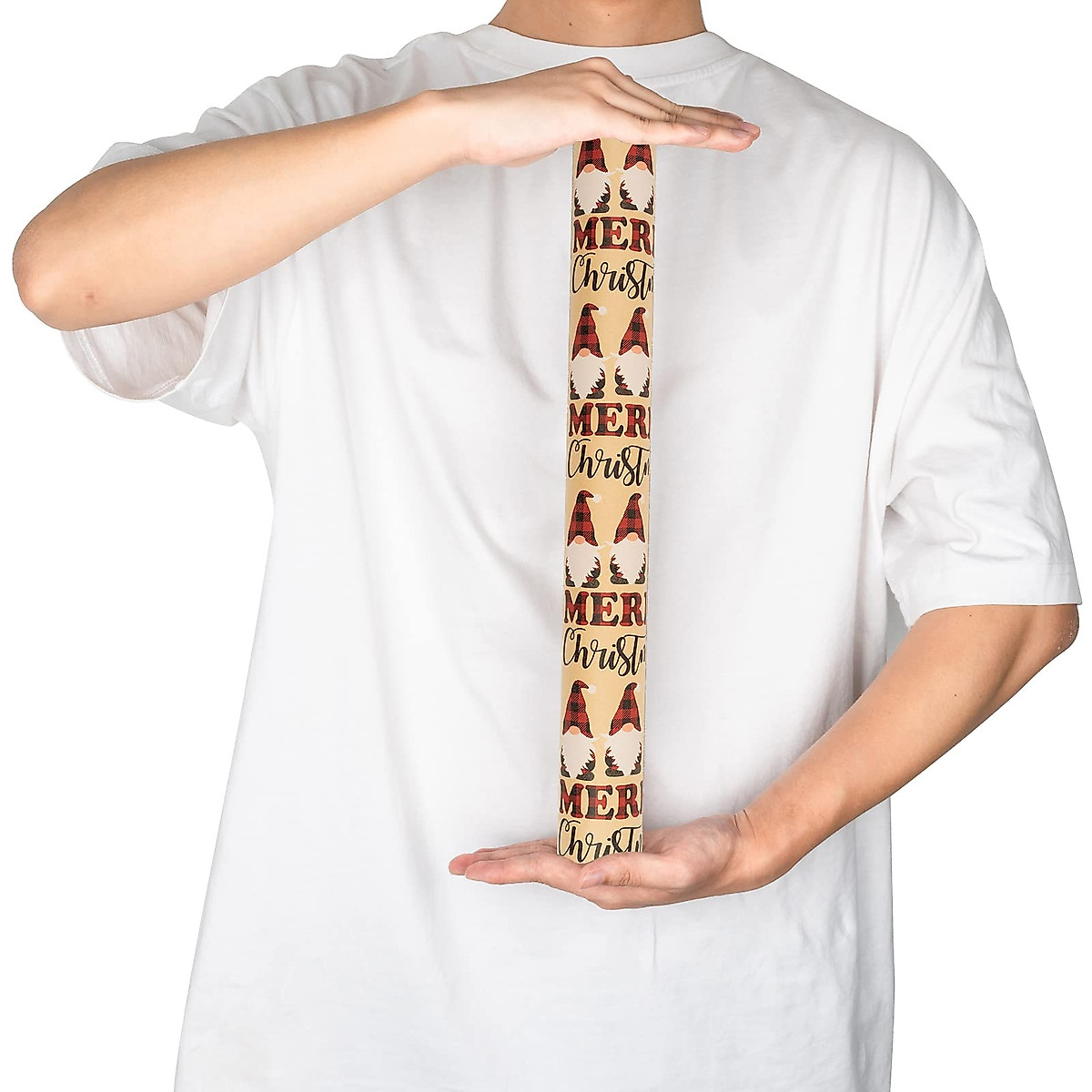 RUSPEPA Kraft Christmas Wrapping Paper Roll - Mini Roll - Red and Black Plaid Gnome Design for Holiday Gift Wrap - 17.5 Inches X 32.8 Feet