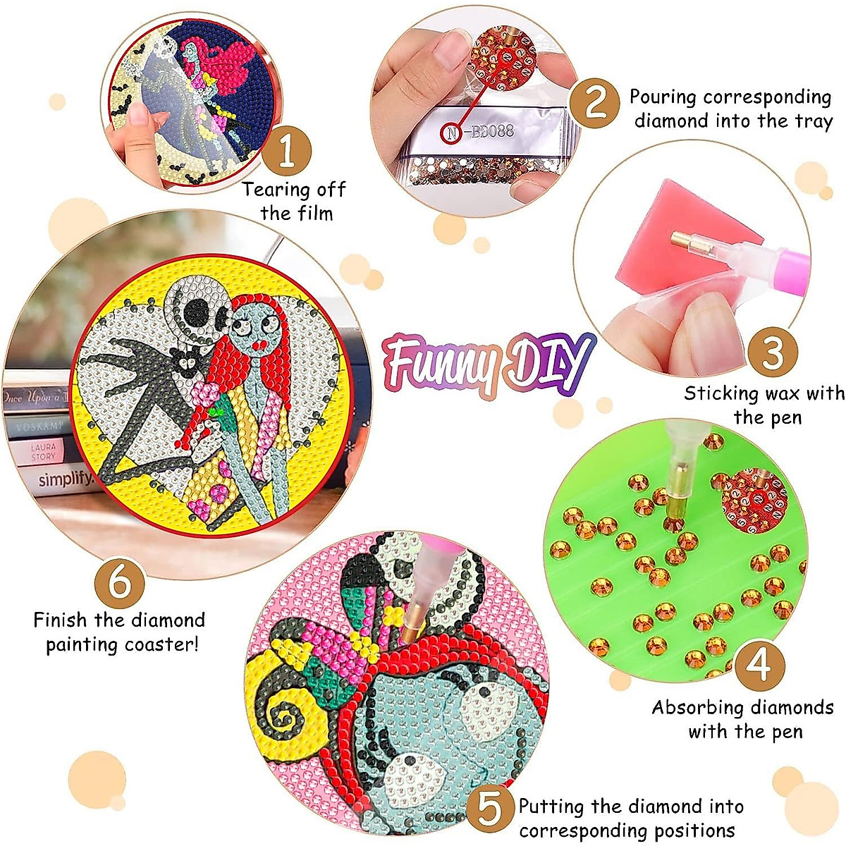 8 Pcs Halloween Diamond Paintings Coasters Kits with Holder, DIY Jack and Sally Coaster Diamond Art Kits,Full Drill Rhinestone Painting Kits for Adults & Kids,Beginners Art Craft Supplies