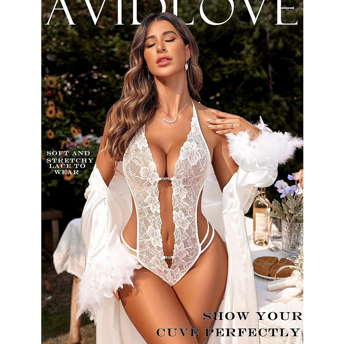 Avidlove Womens Sexy Lace Babydoll Lingerie V Neck Halter Teddy Bodysuit White Small