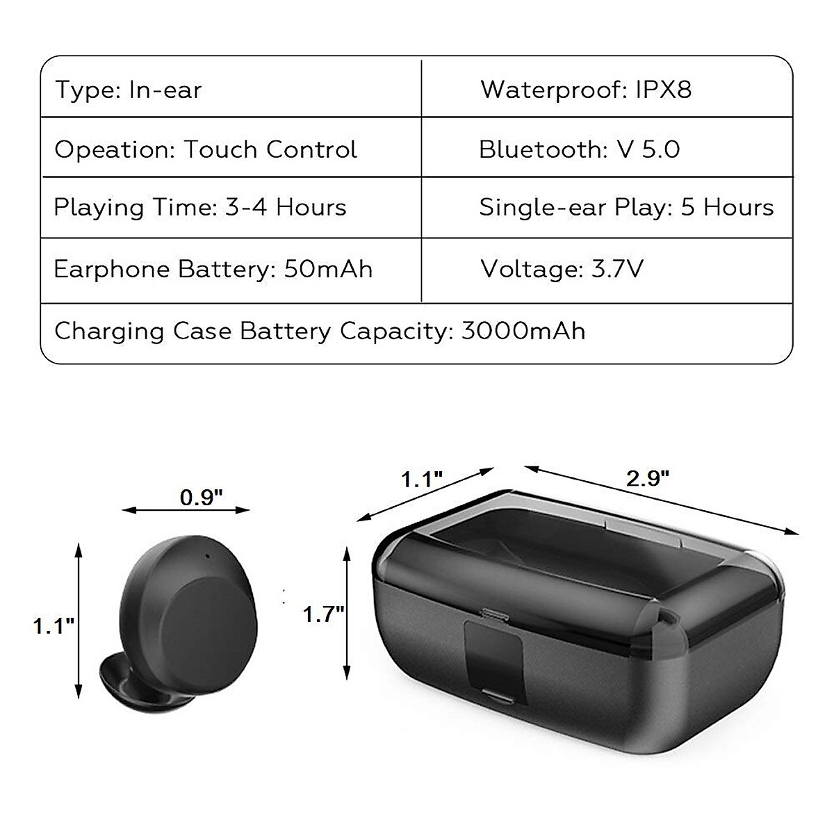 Bluetooth 5.0 Wireless Earbuds with Wireless Charging Case IPX8 Waterproof TWS Stereo Earphones Premium Sound Cordless in-Ear Built in Mic Headset Hands-Free Call Microphone for Sport Black