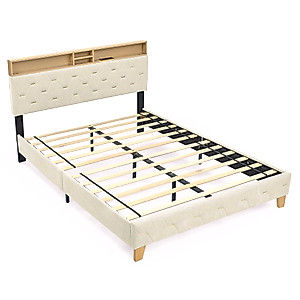 QKFF Queen Size Bed Frame with Upholstered Headboard, Wood Platform Bed Frame with Outlet & USB Ports Headboard, Wood Legs, No Box Spring Needed, Easy Assembly (Beige, Queen)