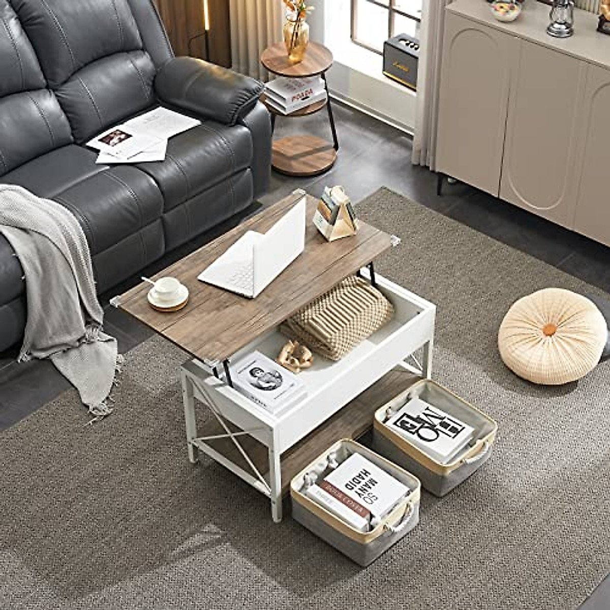 VINGLI 36" Lift Top Coffee Table with Free Cloth Storage Bins, White Walnut Framhouse Coffee Table for Living Room, Small Modern Coffee Table for Small Space in Minimalistic Style, Dark Walnut