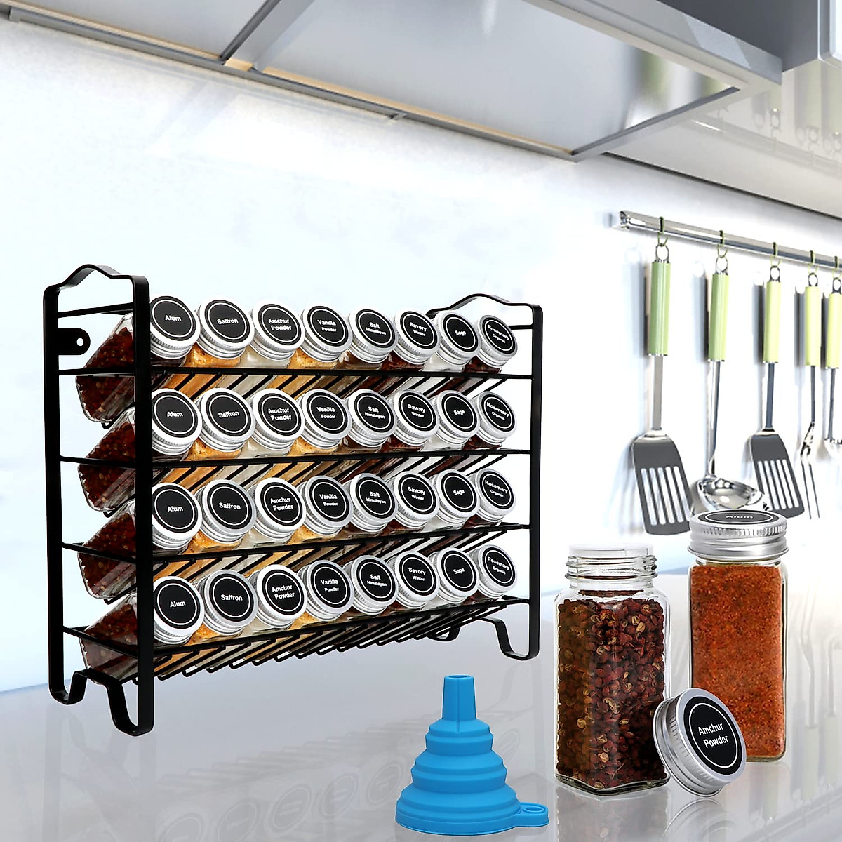 Accguan Spice Jars with Spice Rack,Spice Organizer with Spice Stickers and Stylus and Funnel, Perfect for Kitchen Countertop Storage,Cabinet Storage, Dining Room, and Gifts(36pcs)