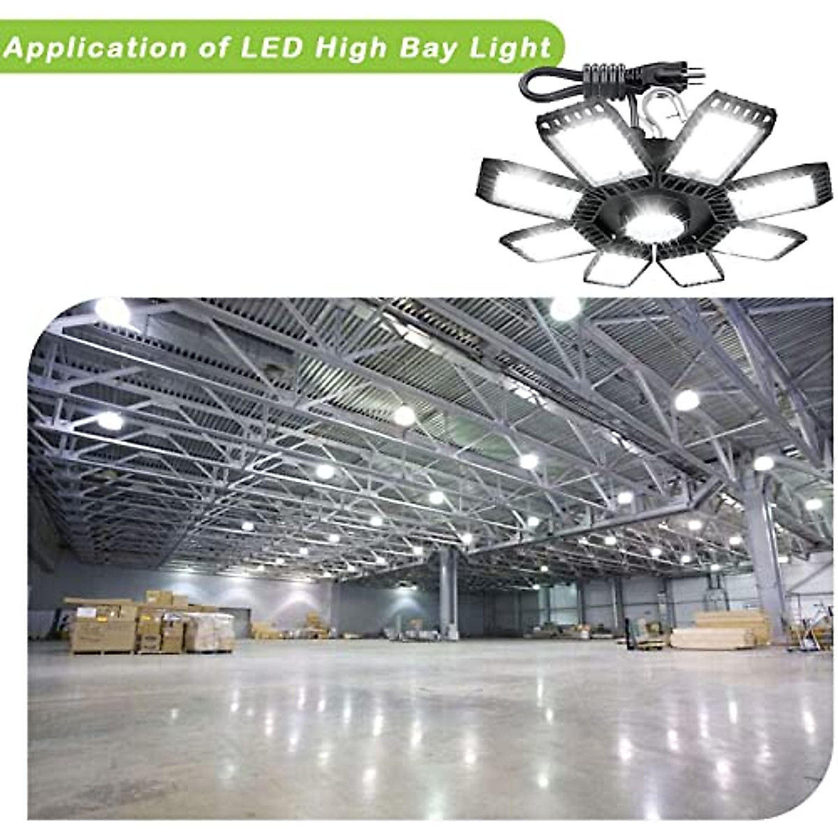 CODAFUL 150W LED Garage Light, Deformable High Bay Shop Lightswith Adjustable 8 Panels,150W 15000LM Bright 6500K for Commercial Warehouse Residential, Barn, Factory, Workshop(Black, 2PACK)