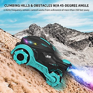 AONGAN Remote Control Car - 2.4 GHz RC Stunt Car 4WD w/Mecanum Wheels, All-Terrain Tires & All Directions, Lights Music & Spray Function Gifts Toys for Boys Girls 5 6 7 8 9 Years Old (Blue)