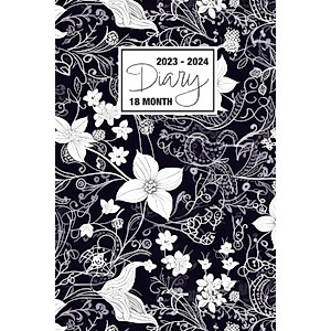 2023 - 2024: 18 Month Diary A5 Week to View on 2 Pages Weekly Journal Agenda WO2P Planner Jul 23 to Dec 24 Horizontal With Moon Phases, UK & US ... Charcoal White Floral Simple Line Art Pattern