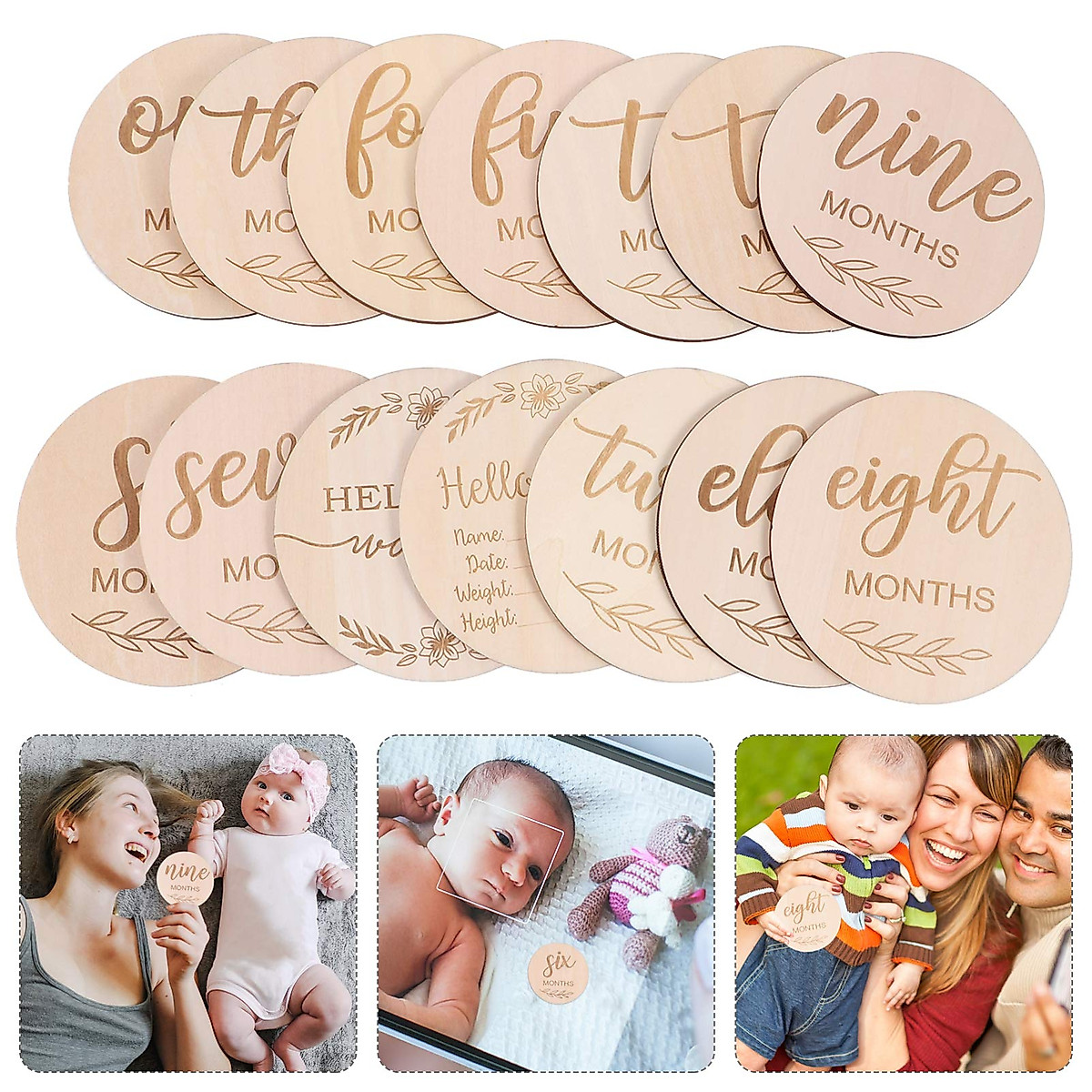 NUOBESTY Baby Monthly Milestone Wooden Cards Wooden Slices First Year Growth Cards Newborn Photo Card Props