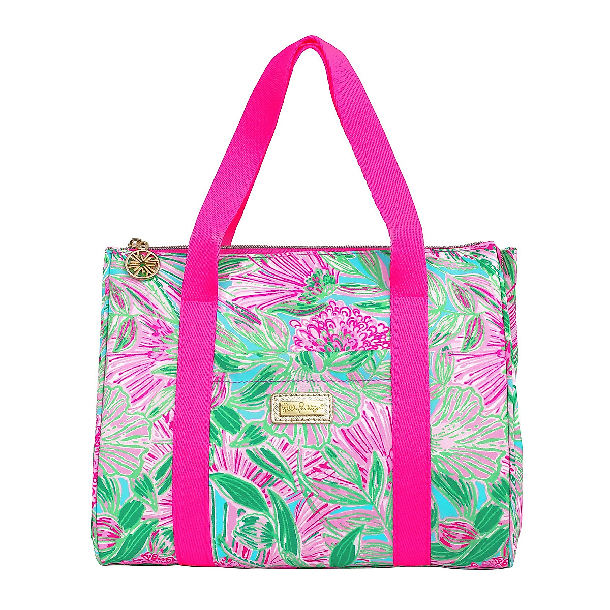 Lilly Pulitzer Cute Lunch Bag for Women, Large Capacity Insulated Tote Bag, Pink/Green Mini Cooler with Storage Pocket and Shoulder Straps, Coming in Hot