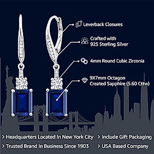 Gem Stone King 925 Sterling Silver Blue Created Sapphire Dangle Earrings For Women (5.40 Cttw, Gemstone September Birthstone, Octagon 9X7MM)