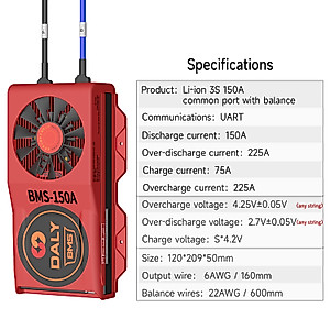 DALY 12V Smart BMS 150A Li-ion 3S Batteries Protecion Board with Cooling Fan and Bluetooth Module for Rated 3.7V Lithium Power Bank(Smart BMS,150A Fan)